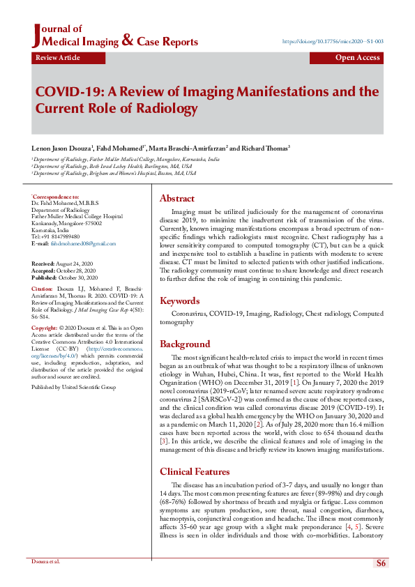 (PDF) COVID-19: A Review of Imaging Manifestations and the Current Role ...
