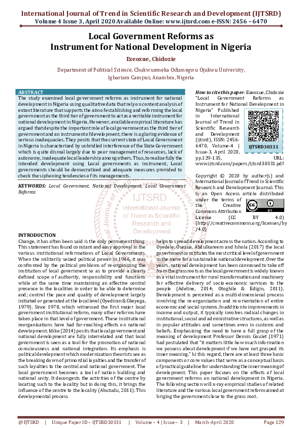 (PDF) Local Government Reforms as Instrument for National Development ...