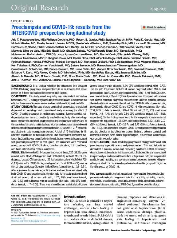 (PDF) Preeclampsia and COVID-19: results from the INTERCOVID ...