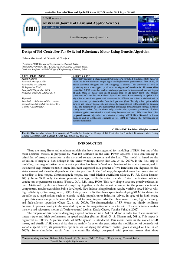 Pdf Design Of Pid Controller For Switched Reluctance Motor Using