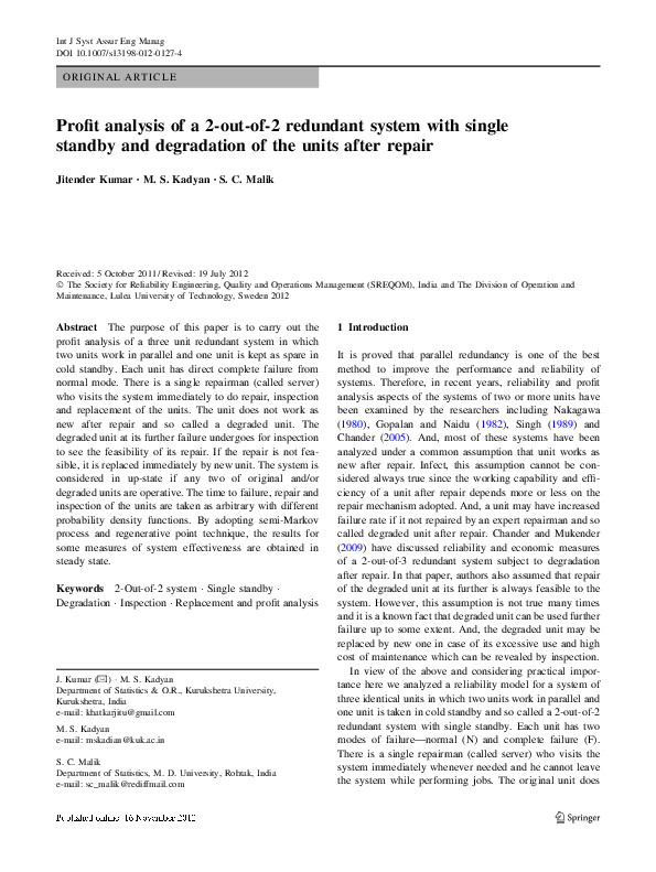 (PDF) Profit analysis of a 2-out-of-2 redundant system with single standby and degradation of ...