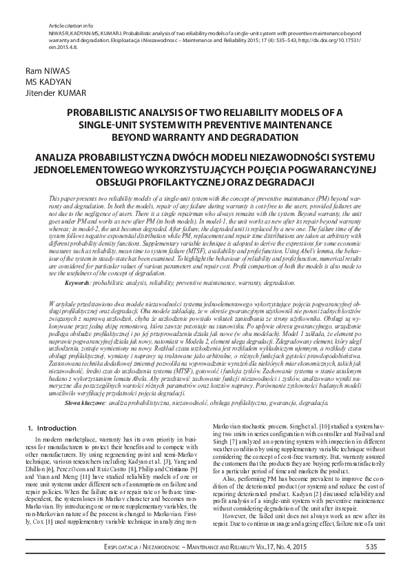 (PDF) Probabilistic analysis of two reliability models of a single-unit system with preventive ...
