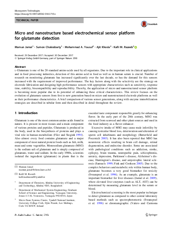 (PDF) Micro and nanostructure based electrochemical sensor platform for glutamate detection
