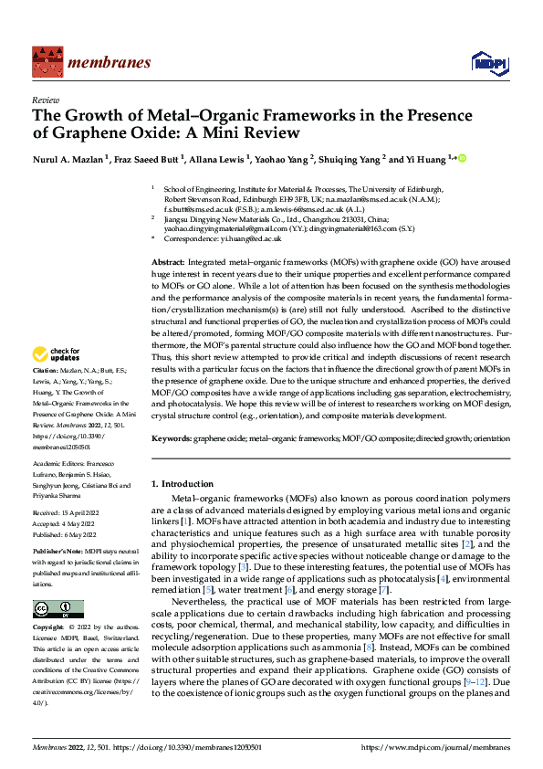 (PDF) The Growth of Metal–Organic Frameworks in the Presence of Graphene Oxide: A Mini Review