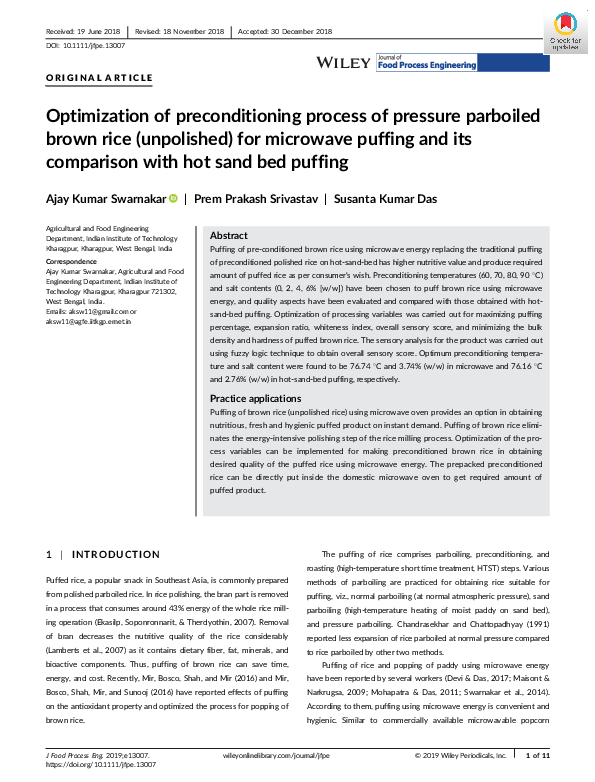 (PDF) Optimization of preconditioning process of pressure parboiled brown rice (unpolished) for ...