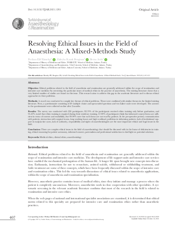 (PDF) Resolving Ethical Issues in the Field of Anaesthesia: A Mixed-Methods Study