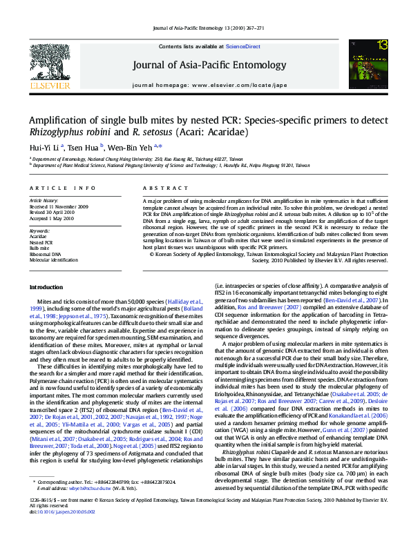(PDF) Amplification of single bulb mites by nested PCR: Species ...