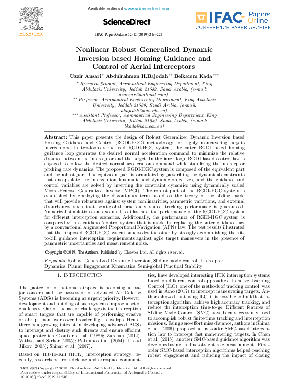 (PDF) Nonlinear Robust Generalized Dynamic Inversion based Homing Guidance and Control of Aerial ...
