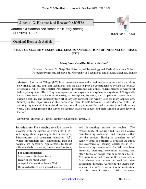 (PDF) Study on Security Issues, Challenges and Solutions of Internet of ...