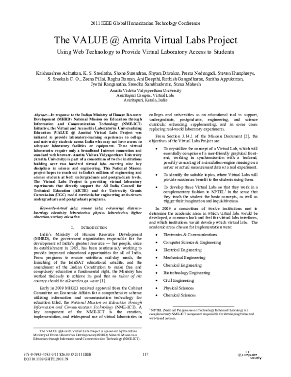 (PDF) The VALUE @ Amrita Virtual Labs Project: Using Web Technology to Provide Virtual ...