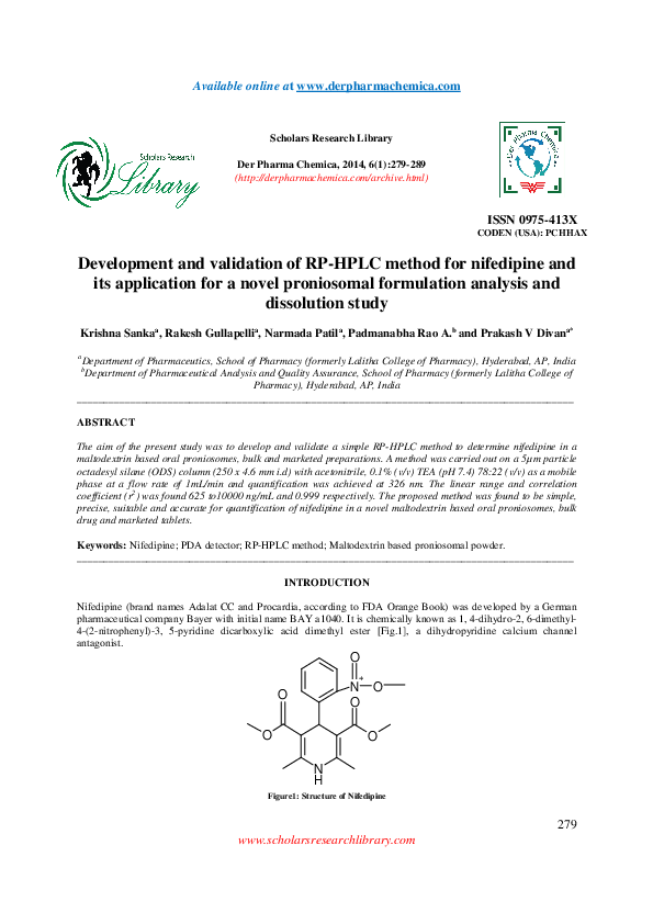 Pdf Development And Validation Of Rp Hplc Method For Nifedipine And Its Application For A