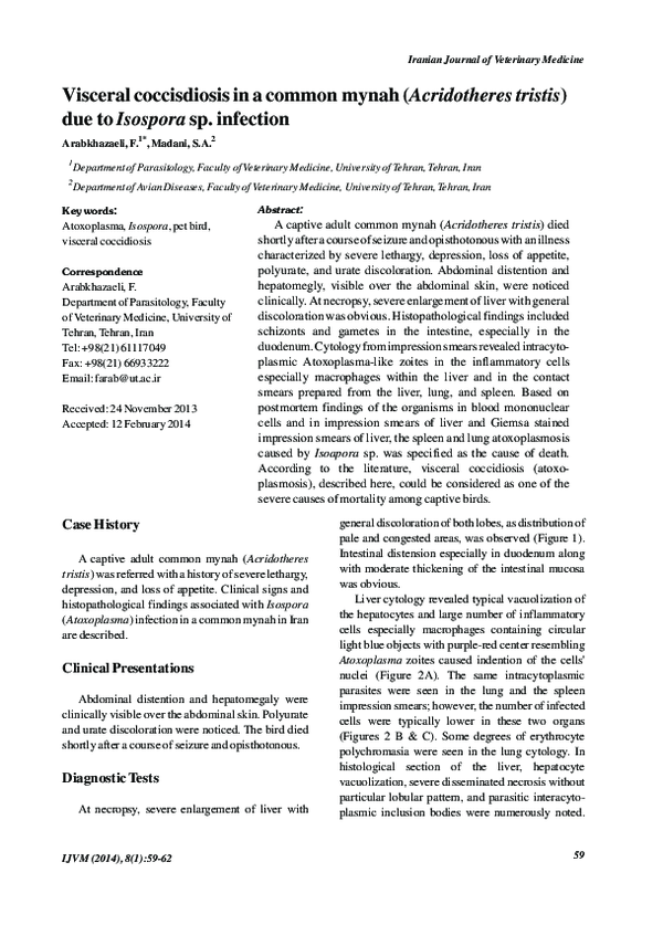 (PDF) Visceral coccisdiosis in a common mynah (Acridotheres tristis ...