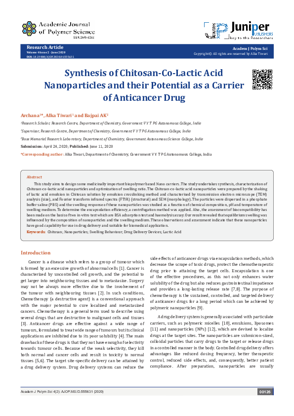 (PDF) Synthesis of Chitosan-Co-Lactic Acid Nanoparticles and their Potential as a Carrier of ...