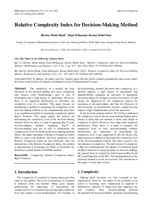 (PDF) Relative Complexity Index for Decision-Making Method