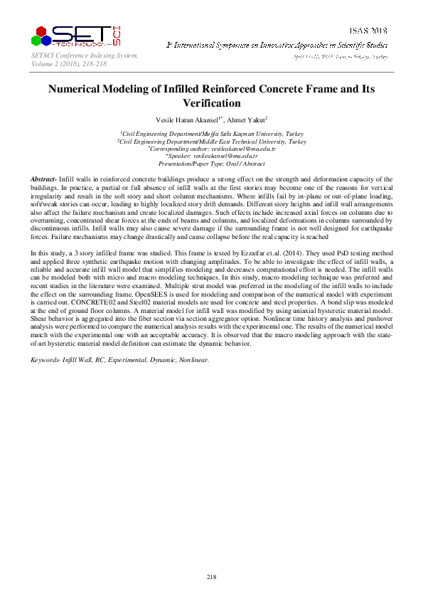 (PDF) Numerical Modeling of Infilled Reinforced Concrete Frame and Its Verification