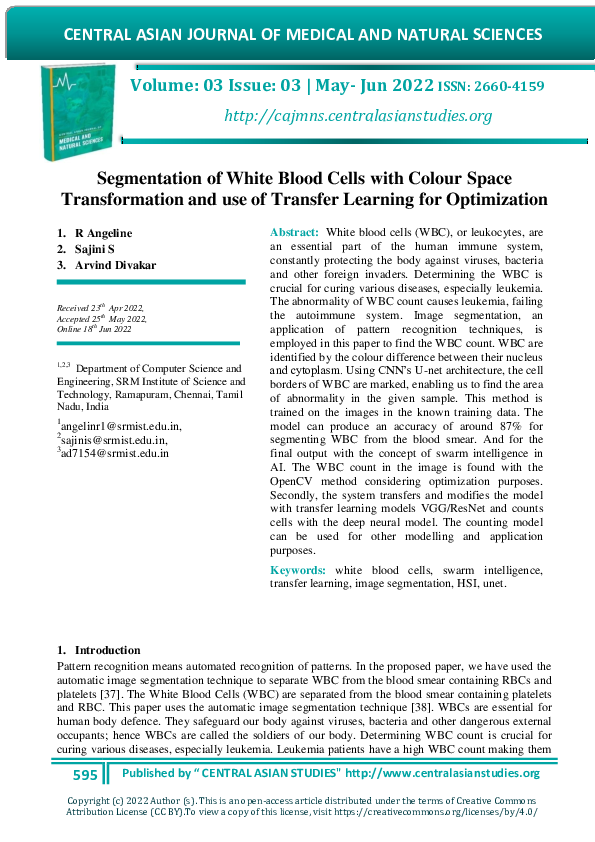 (PDF) Segmentation of White Blood Cells with Colour Space Transformation and use of Transfer ...