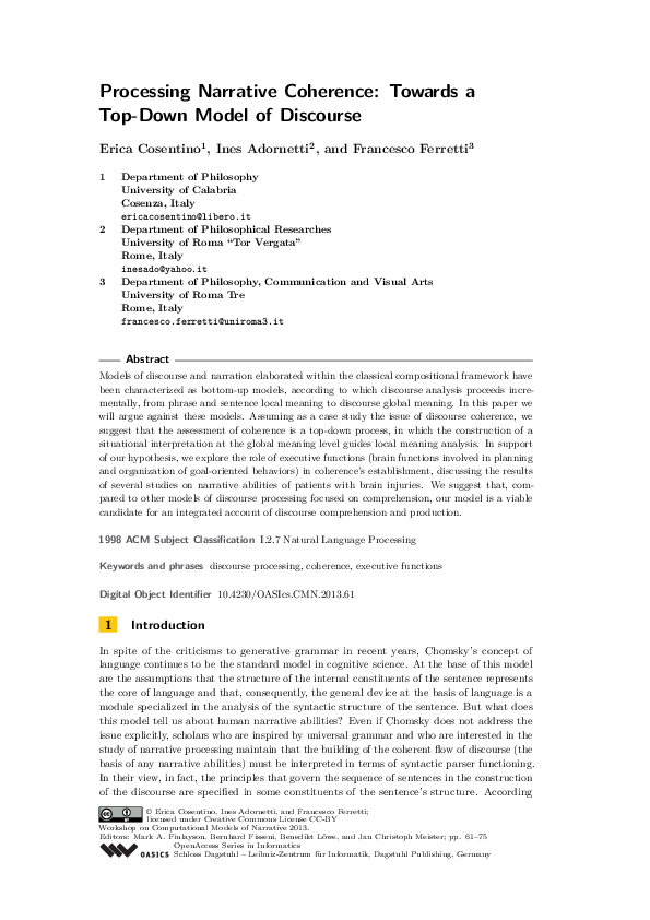 (PDF) Processing Narrative Coherence: Towards a Top-Down Model of Discourse