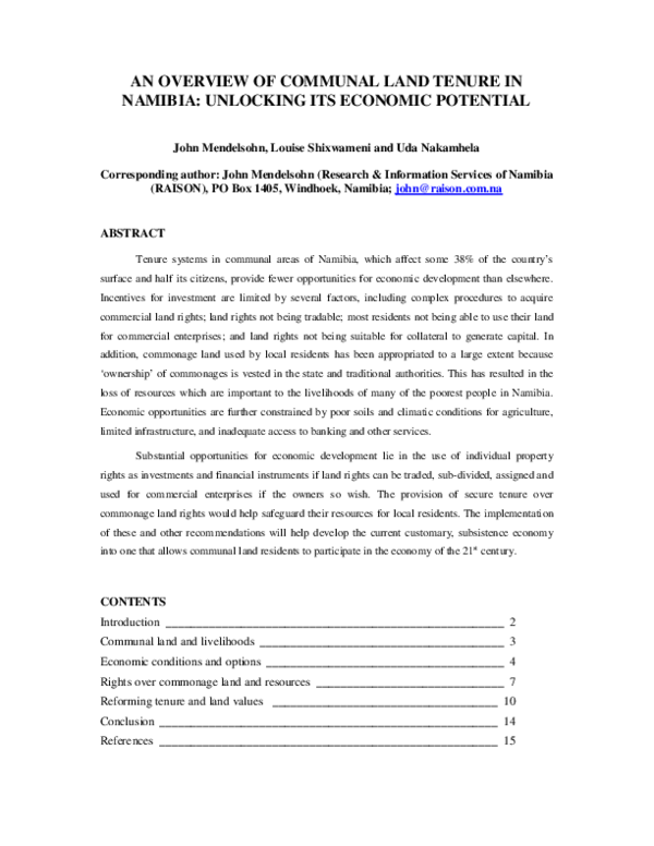(PDF) An Overview of Communal Land Tenure in Namibia: Unlocking Its ...