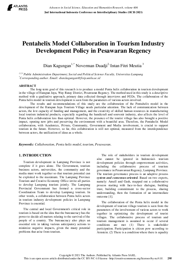 Pentahelix Model Collaboration in Tourism Industry Development Policy ...