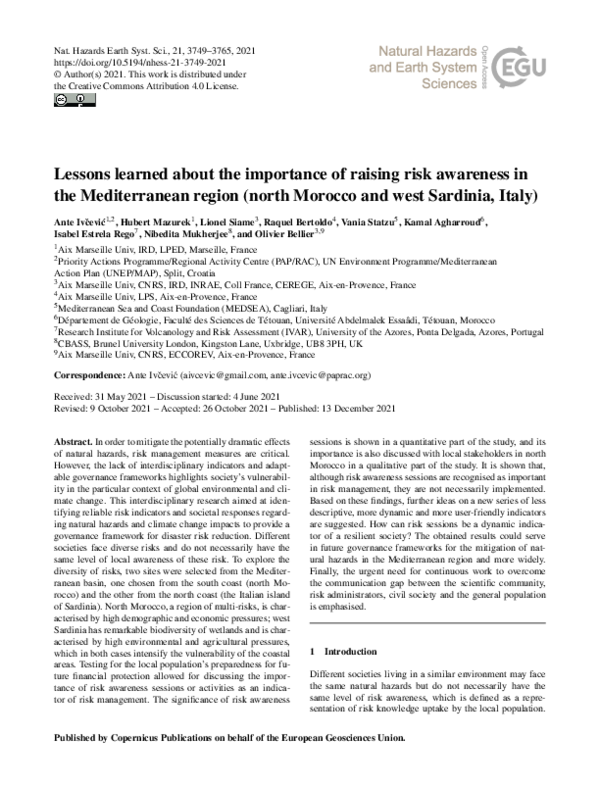 (PDF) Lessons learned about the importance of raising risk awareness in ...