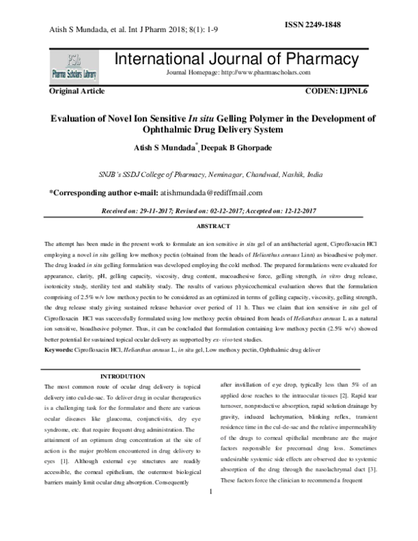 (PDF) Evaluation of Novel Ion Sensitive In situ Gelling Polymer in the Development of Ophthalmic ...