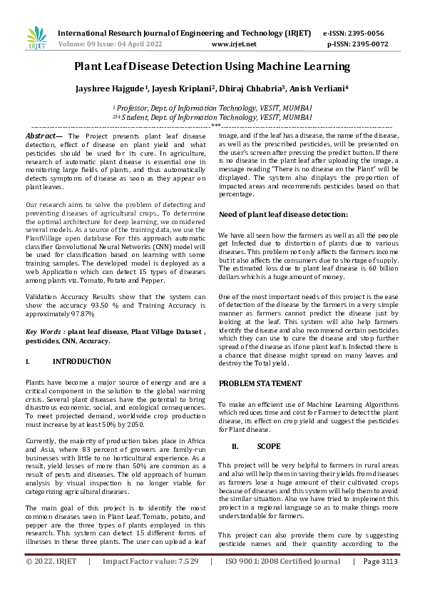 Pdf Plant Leaf Disease Detection Using Machine Learning