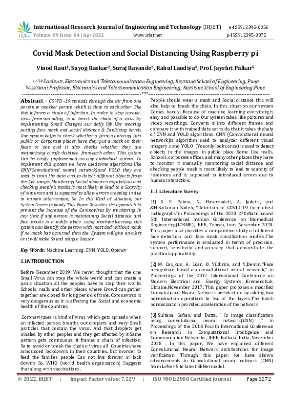 (PDF) Covid Mask Detection and Social Distancing Using Raspberry pi