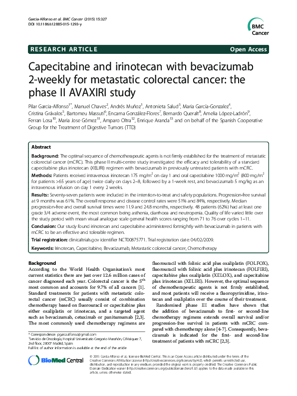 (PDF) Capecitabine and irinotecan with bevacizumab 2-weekly for metastatic colorectal cancer ...