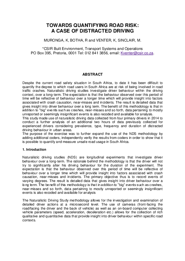 (PDF) Towards quantifying road risk: A case of distracted driving
