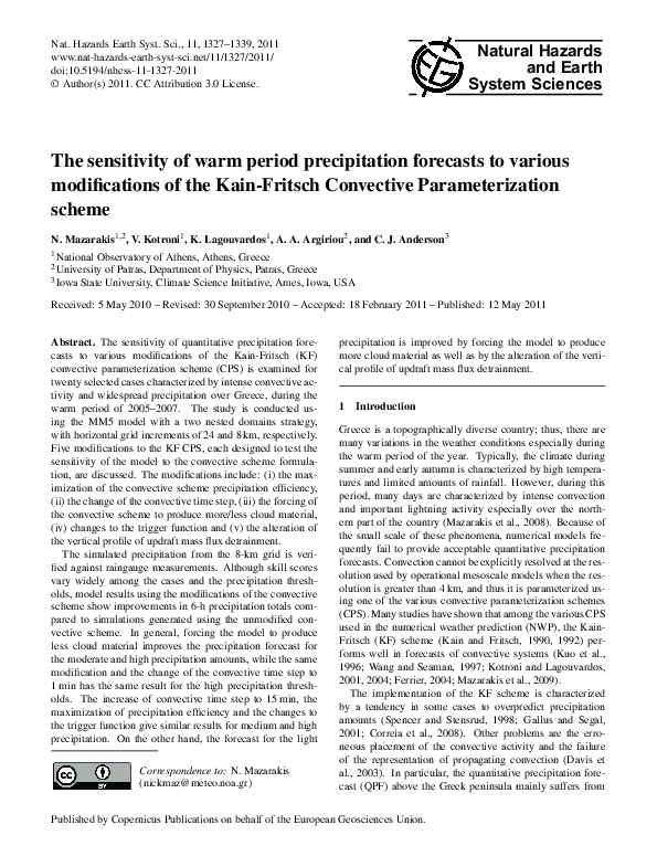 Pdf The Sensitivity Of Warm Period Precipitation Forecasts To Various Modifications Of The