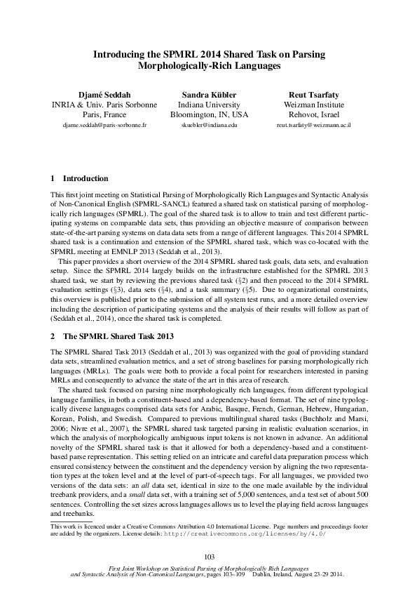 Pdf Introducing The Spmrl 2014 Shared Task On Parsing Morphologically