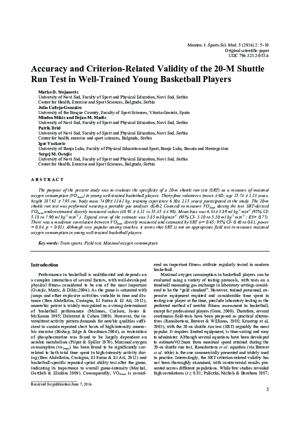 (PDF) 20-m Shuttle Run Test Validity in Basketball Players
