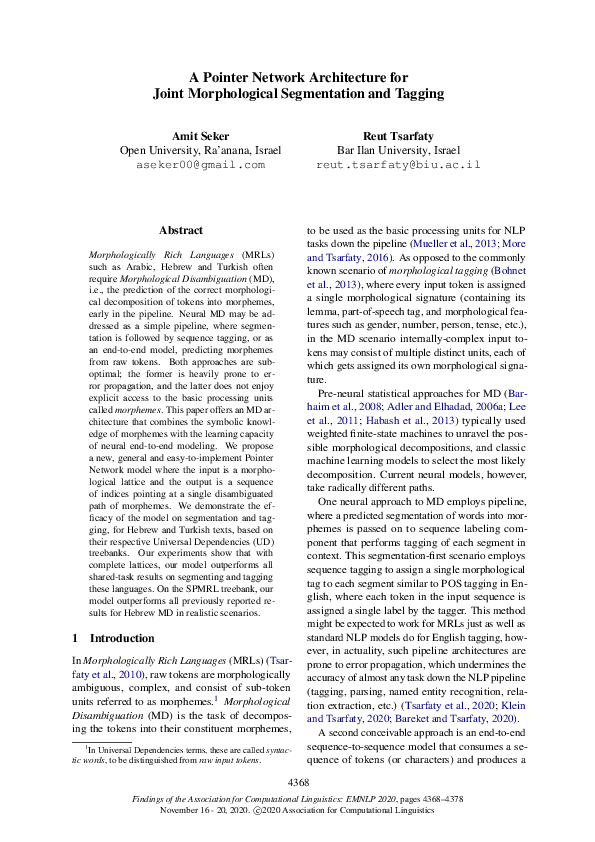 (PDF) A Pointer Network Architecture for Joint Morphological Segmentation and Tagging
