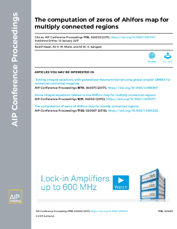 Pdf The Computation Of Zeros Of Ahlfors Map For Multiply Connected Regions