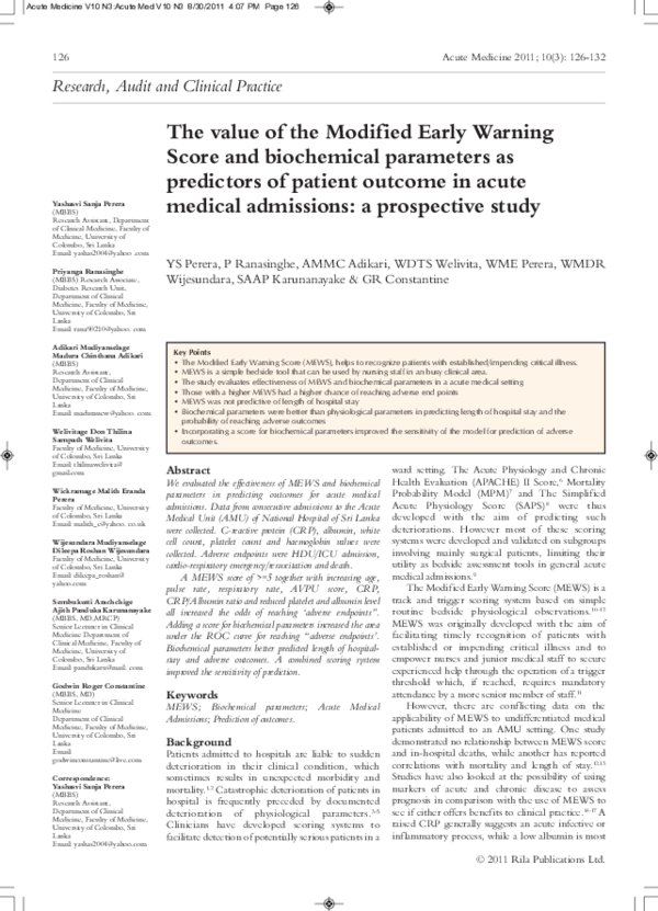 (PDF) The value of the Modified Early Warning Score and biochemical ...