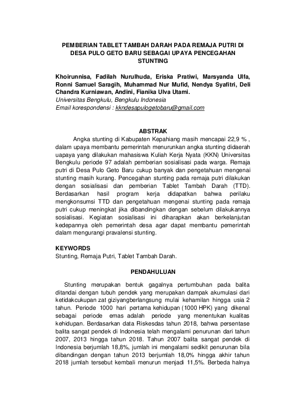(PDF) PEMBERIAN TABLET TAMBAH DARAH PADA REMAJA PUTRI DI DESA PULO GETO ...