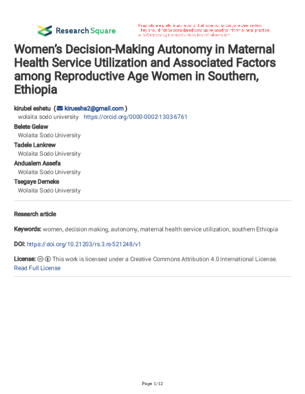 (PDF) Women’s Decision-Making Autonomy in Maternal Health Service ...