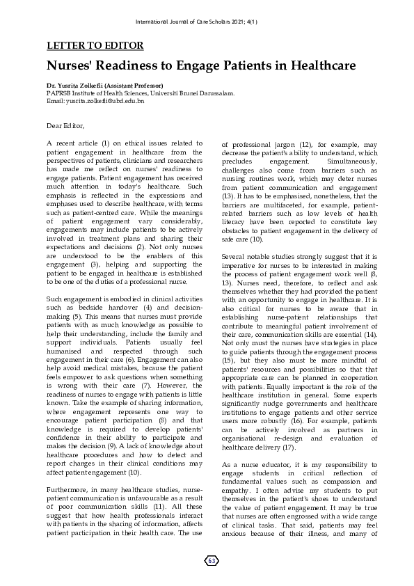 (PDF) Nurses' Readiness to Engage Patients in Healthcare