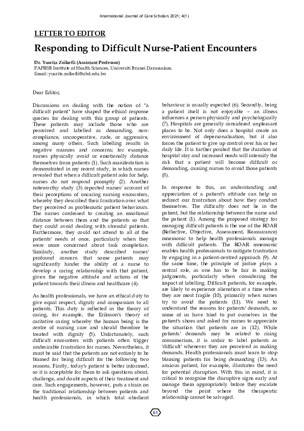 (PDF) Responding to Difficult Nurse-Patient Encounters