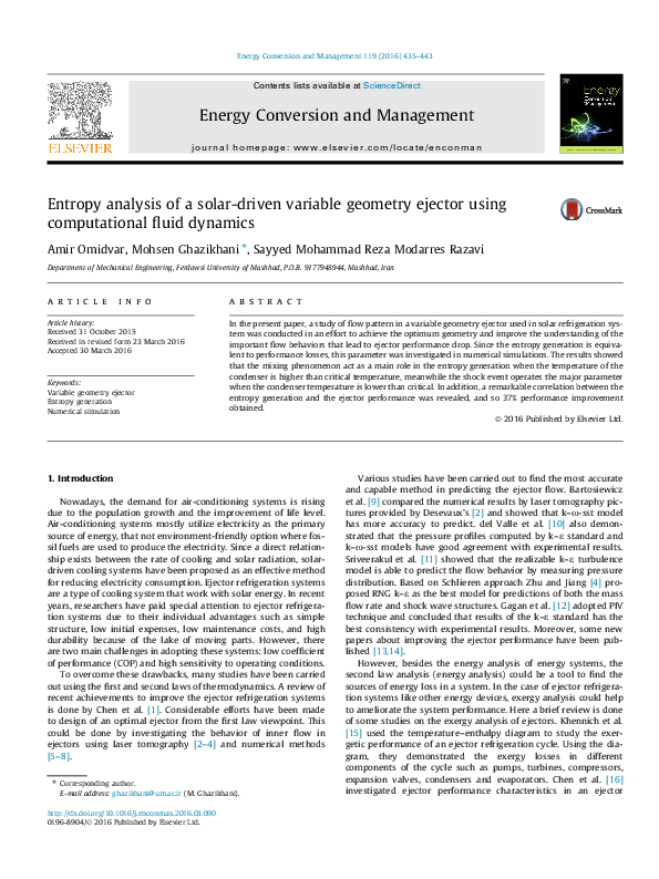 Pdf Entropy Analysis Of A Solar Driven Variable Geometry Ejector Using Computational Fluid