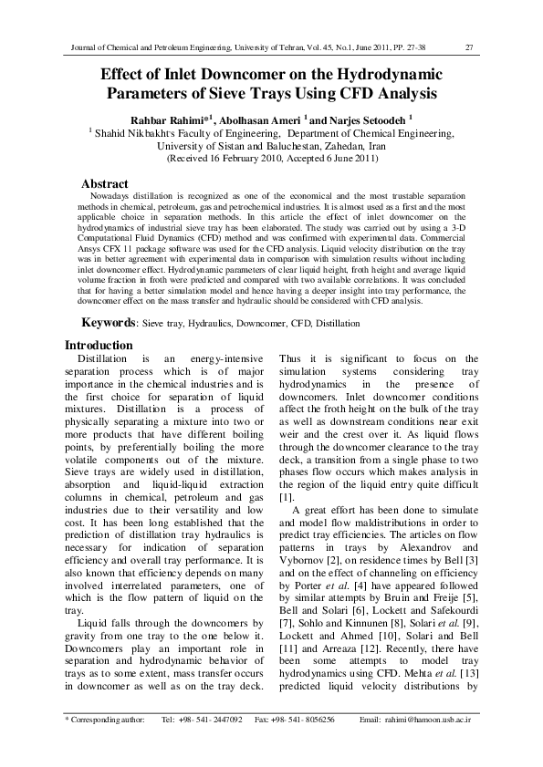 (PDF) Effect of Inlet Downcomer on the Hydrodynamic Parameters of Sieve Trays Using CFD Analysis