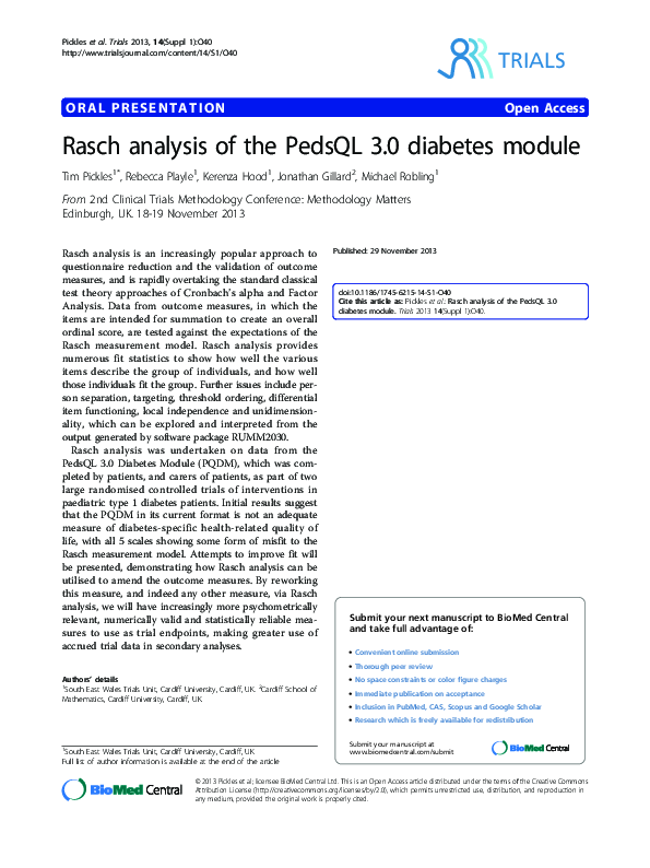 (PDF) Rasch analysis of the PedsQL 3.0 diabetes module | Tim Pickles ...