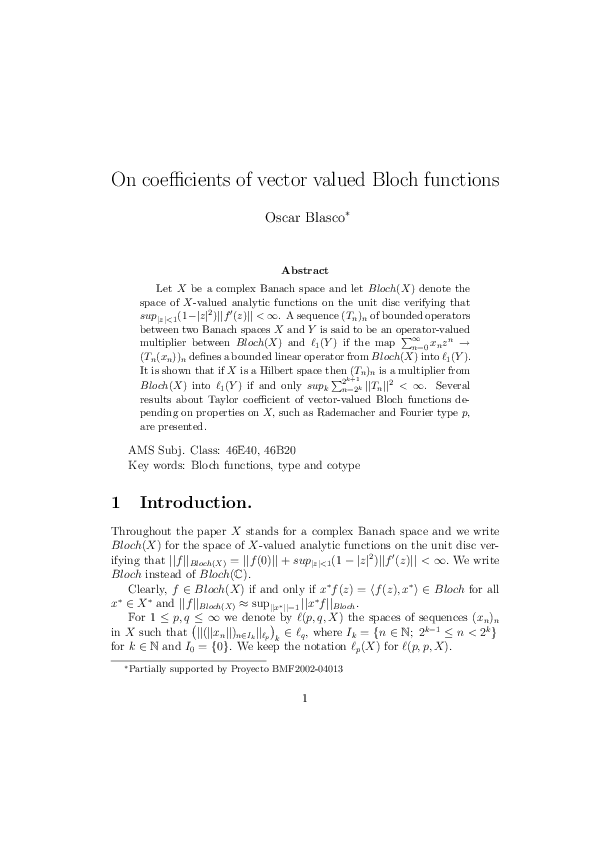 (PDF) On coefficients of vector-valued Bloch functions | Oscar Blasco ...