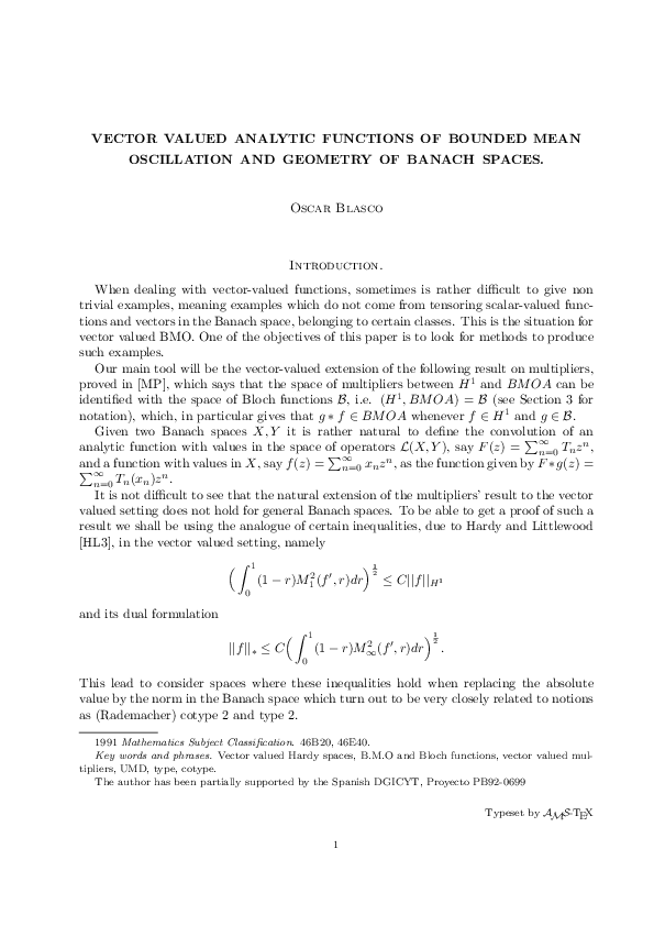 Pdf Vector Valued Analytic Functions Of Bounded Mean Oscillation And Geometry Of Banach Spaces