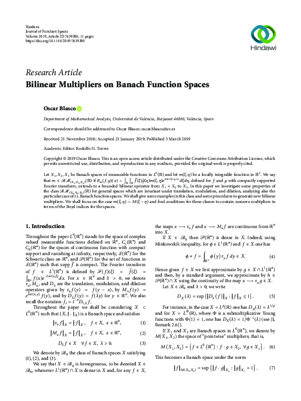 (PDF) Bilinear Multipliers in Banach Spaces