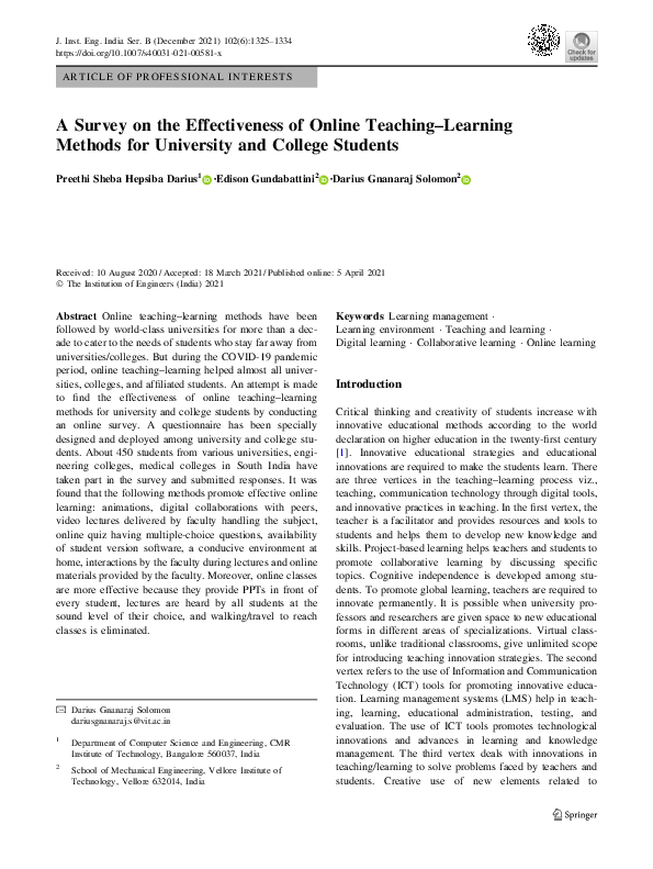 (PDF) A Survey on the Effectiveness of Online Teaching–Learning Methods for University and ...