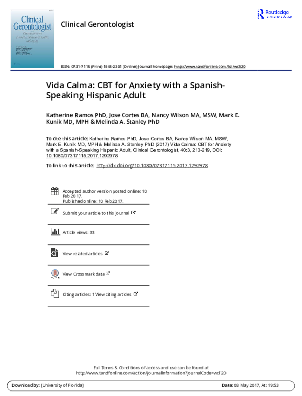(PDF) Vida Calma: CBT for Anxiety with a Spanish-Speaking Hispanic Adult
