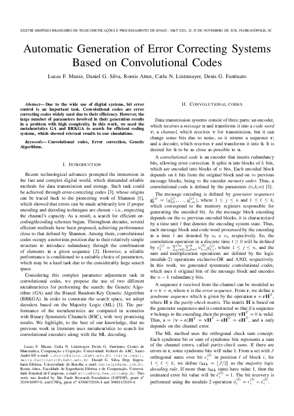 Pdf Automatic Generation Of Error Correcting Systems Based On Convolutional Codes