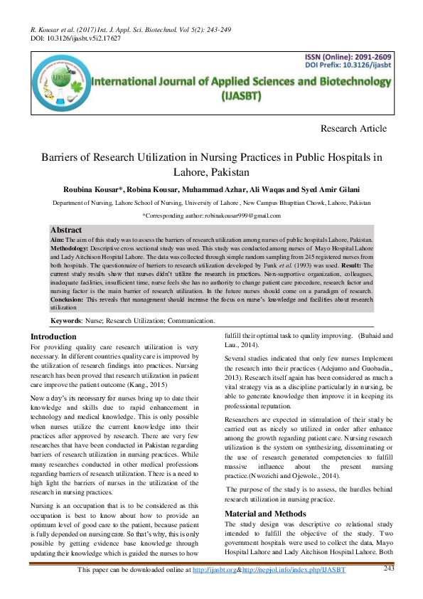 Pdf Barriers Of Research Utilization In Nursing Practices In Public Hospitals In Lahore Pakistan