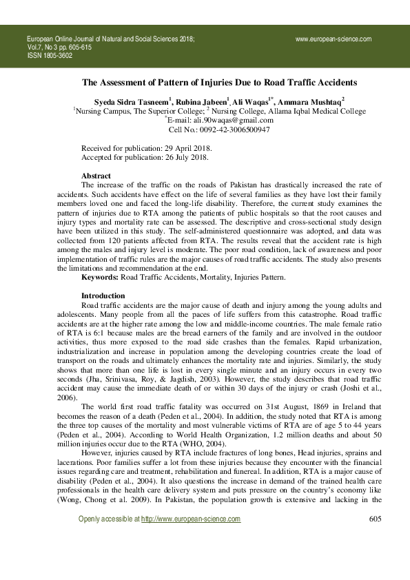 (PDF) Injury Patterns from Road Traffic Accidents in Pakistan